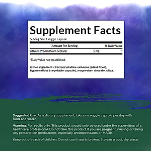 Swanson Lithium Orotate Antioxidant Mood Emotional Wellness Behavior Memory Support Supplement 5 mg 60 Veggie Capsules (Elemental Lithium)