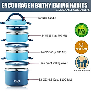 Mr.Dakai Bento Box Adult Lunch Box -81oz Stackable Bento Lunch Box for Adults,3-Tier All-in-One Insulated Thermal Food Containers,Leakproof Lunchbox with Bag/Utensil for Dining Out,Work,Blue
