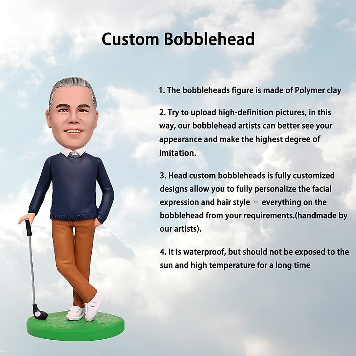 Mydedor Custom Bobble-Heads Figures Navy Blue Shirt Golfer Figurines Customized Doll, Bobble Head Figures Handmade Personalized Car Dashboard Birthday Gift for Dad Friend Businessman Coworker