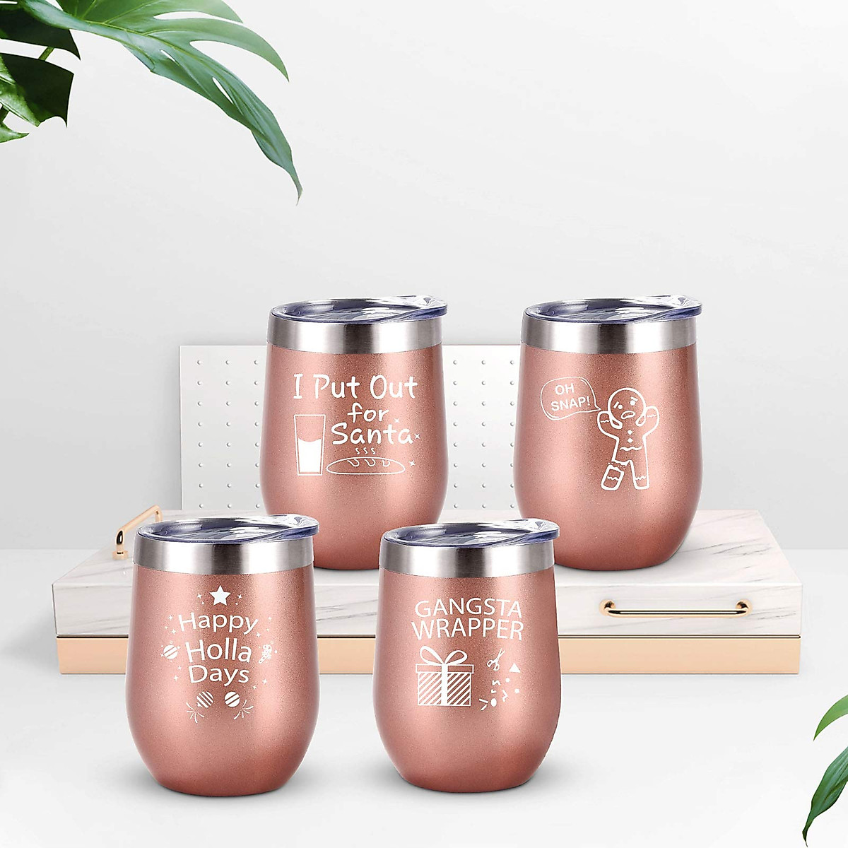 Christmas Stemless Wine Tumbler Set of 4, Funny Christmas Gifts for Women Wine Lovers Mom Sister Best Friends, Housewarming Gifts, Insulated Stainless Steel Wine Tumbler with lid(12oz, Rose Gold)