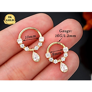 Melighting 9K Gold Septum Rings 16G Teardrop Solid Gold Septum Jewelry Helix Piercing Jewelry for Women Clear CZ Gold Tragus Piercing Jewelry