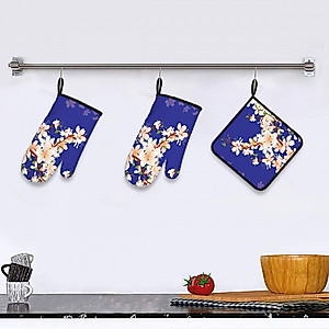 Swono White Floral Oven Mitts and Pot Holders Sets,Peach Tree with Flower in The Blue Background Kitchen Cooking Gloves Heat Resistant Baking for BBQ Grilling