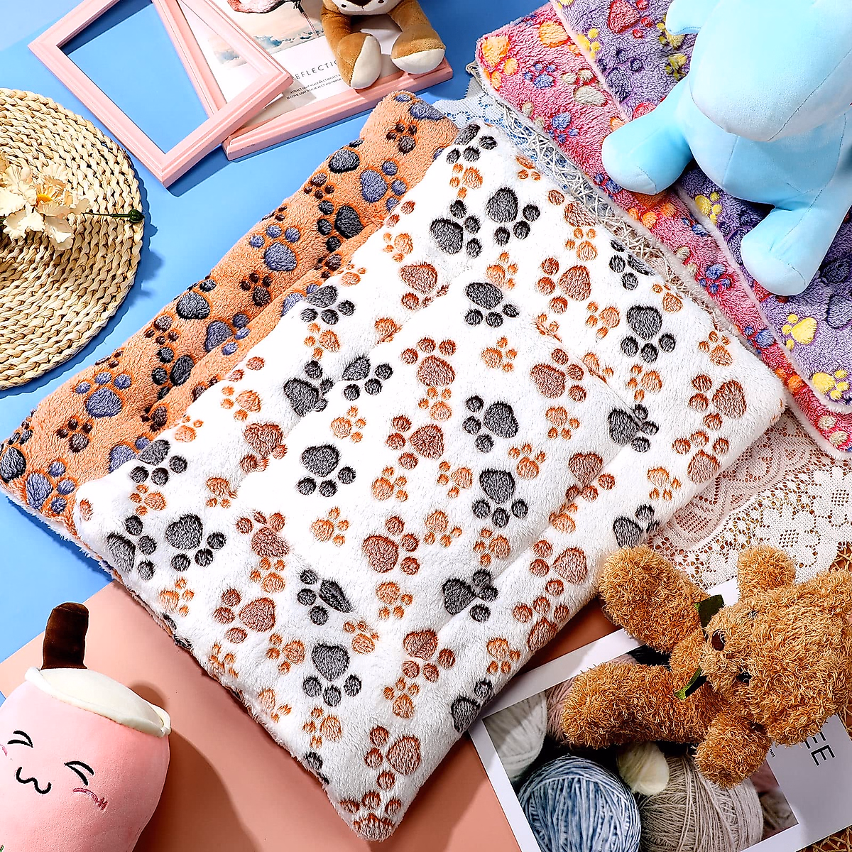4 Pack Ultra Soft Dog Cat Bed Mat with Cute Prints Reversible Fleece Dog Crate Kennel Pad Cozy Washable Thickened Hamster Guinea Pig Pet Bed Mat for Small Animals(21 x 14 Inches,Vivid Color)