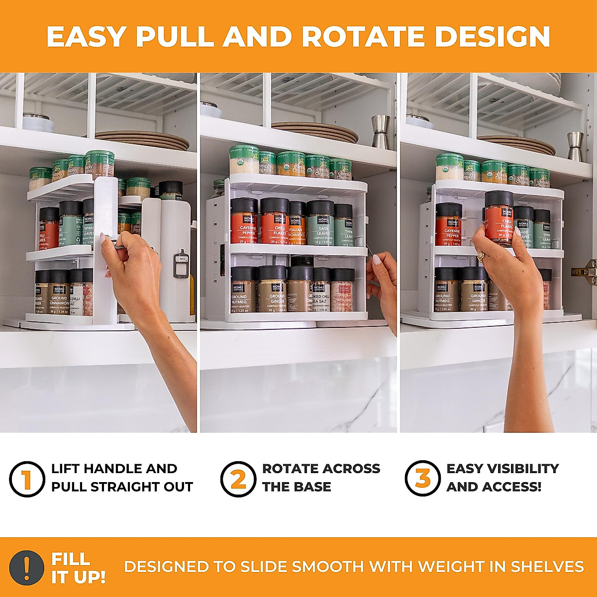 Cabinet Caddy SNAP! (White | Pull & Rotate Spice Rack Organizer| 3 Snap-In Shelves Adjust for 5 Levels of Storage | Magnetic Modular Design | Non-Skid Base | 8.9”H x 6.1”W x 10.8”D