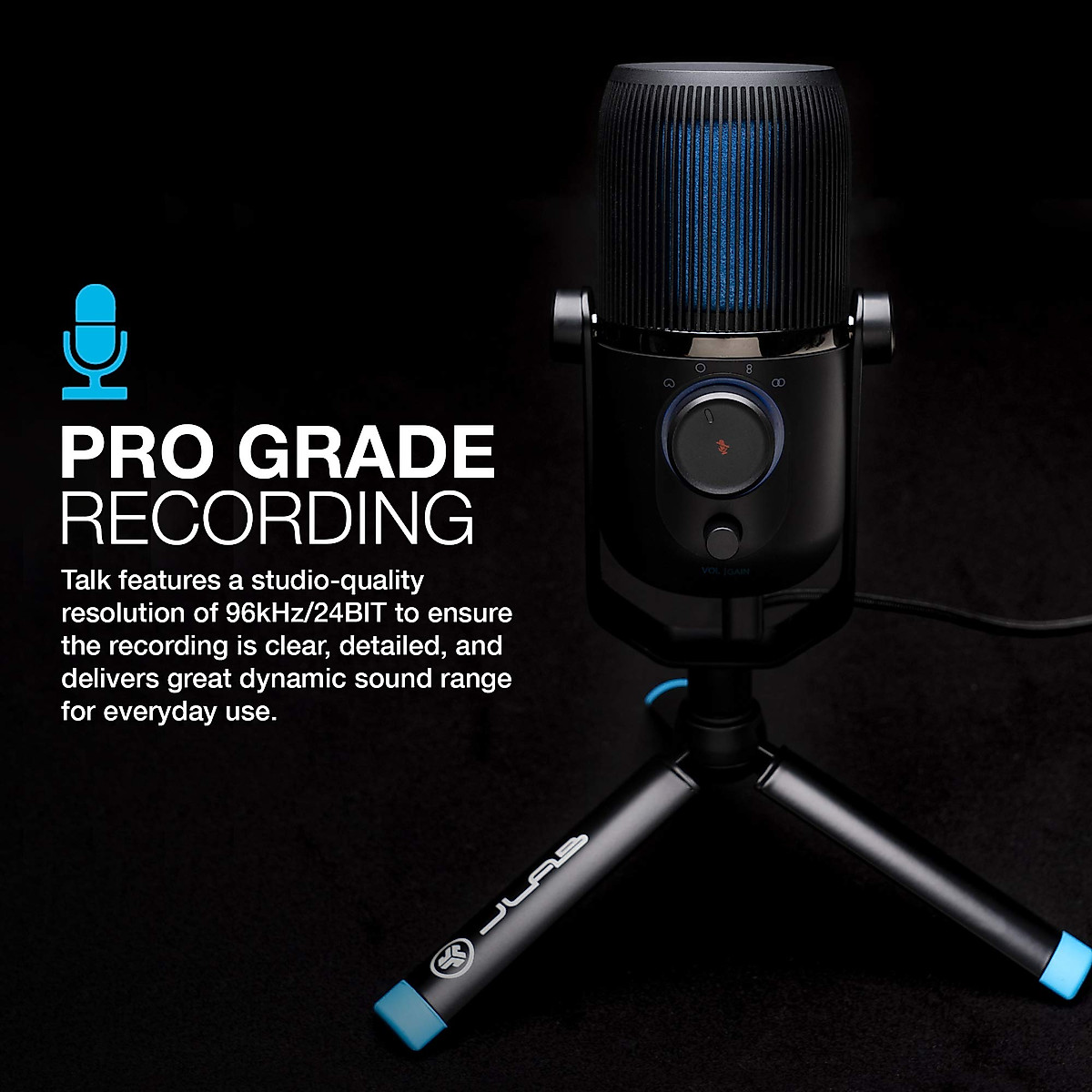 JLab Talk USB Microphone | USB-C Output | Cardioid, Omnidirectional, Stereo or Bidirectional | 96k Sample Rate | 20Hz - 20kHz Frequency Response | Volume, Gain Control, Quick Mute | Plug & Play