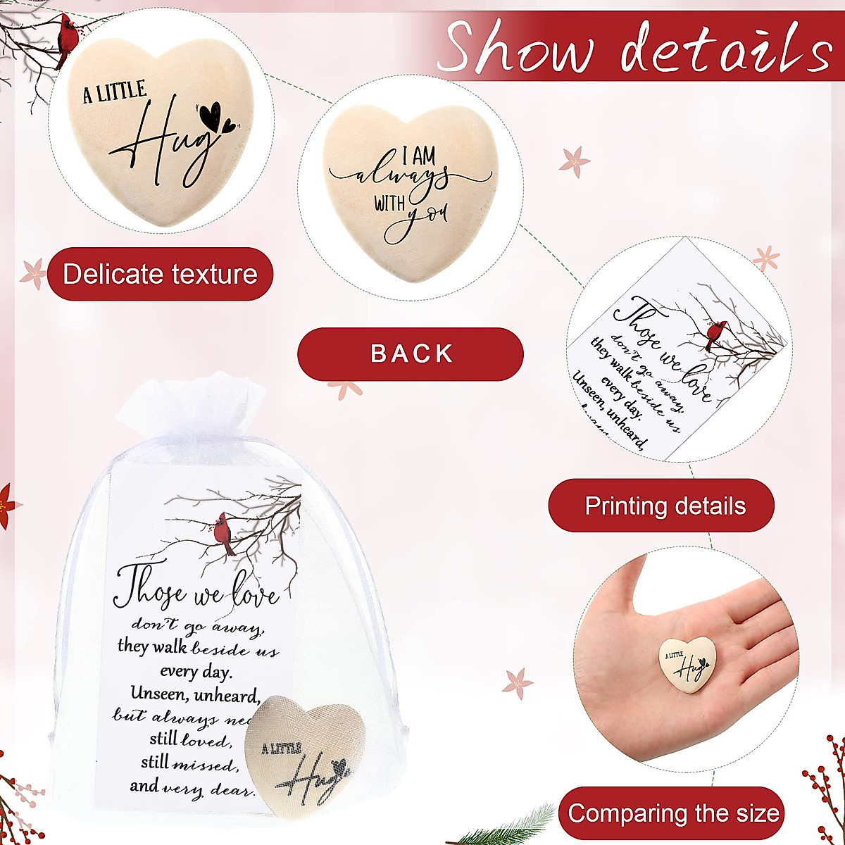 Fumete 50 Sets Funeral Gift Favors for Guests, Wooden Heart Token with Sheer Organza Bags and Red Cardinal Greeting Cards for Church Favors Christmas Family Funeral Pocket Hug Gifts