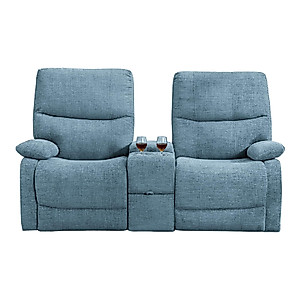 PALLOME Loveseat Recliner Sofa, Reclining Couch, Manual Recliner Loveseat with Console, Double Recliner RV Sofa with Cup Holders and Side Pocket for Living Room/Office/Apartment (Fabric-Blue)