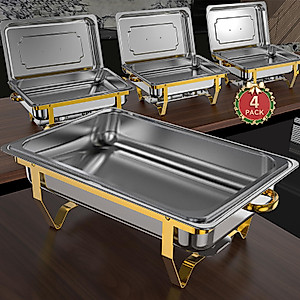 Amhier Chafing Dishes for Buffet, 8QT High Grade Chafing Dish Buffet Set, Chafers and Buffet Warmers Sets for Birthday, Wedding, Rolled-Edge Design with Gold and Silver, 4 Pack