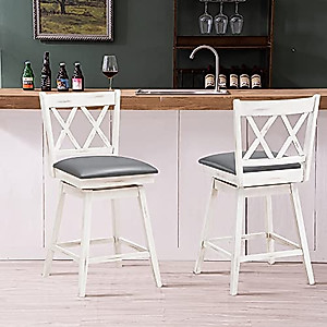 COSTWAY Bar Stool Set of 2, 360° Swivel Counter Height 25inch Bar Stool with Foot Rest Upholstered Cushion & Ergonomic Backrest, Sturdy Frame, for Pub, Restaurant, Home (2, Antique White + Grey)