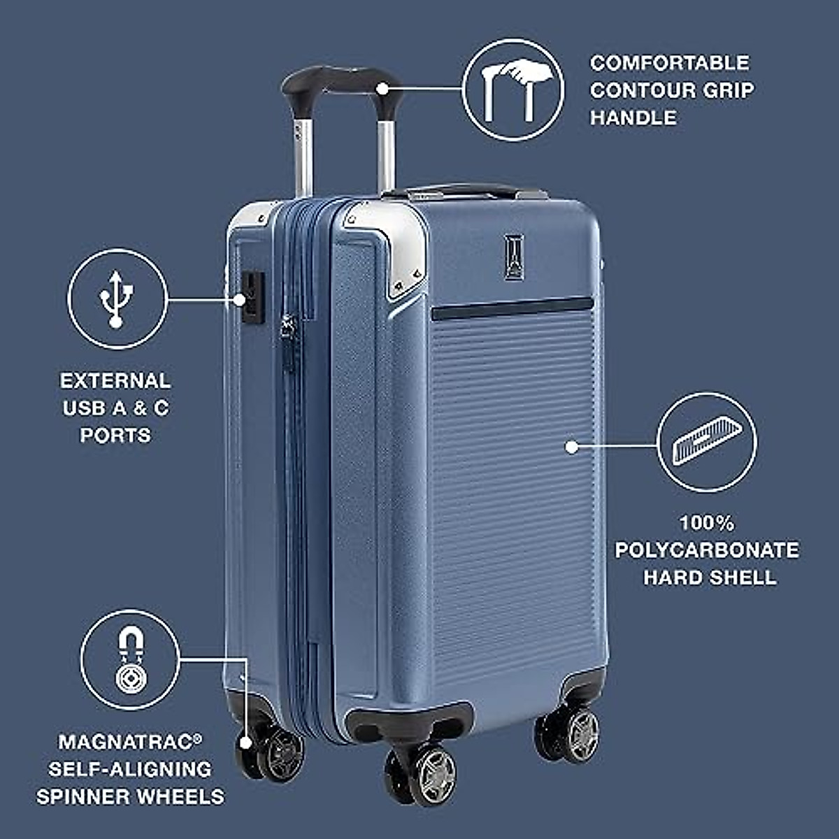 Travelpro Platinum Elite Hardside Expandable Spinner Wheel Luggage TSA Lock Hard Shell Polycarbonate Suitcase, Dark Sky Blue, Compact Carry On 20-Inch