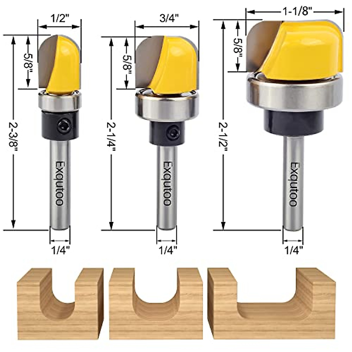 Exqutoo 3Pcs 1/4" Shank Carbide Round Nose Groove Router Bit Set Template Router planing Head Set with Ball Bearing Engraving Router planing Head Wood Cutter Woodworking Tools Carving Cutting Tool
