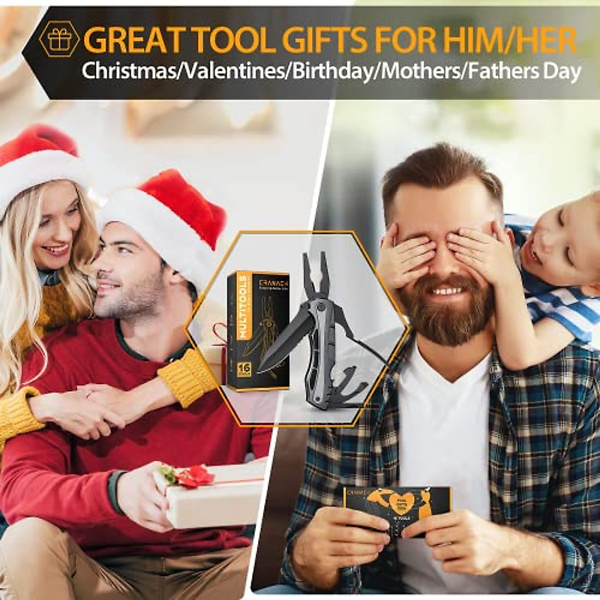 Camping Accessories Multitool Gifts for Men - 16-in-1 Multi Tool Camping Knife Christmas Stocking Stuffers Survival Kit with Pouch Pocket Knife Pliers, Safety Lock, EDC Cool Utility Gadget Women Gifts