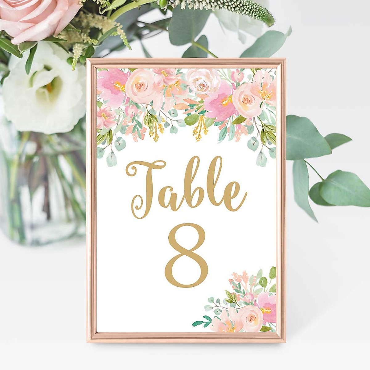 1-25 Navy Blush Floral Table Number Double Sided Signs For Wedding Reception, Restaurant, Birthday Event, Calligraphy Printed Numbered Card Centerpiece Decoration Setting Reusable Frame Stand 4x6 Size