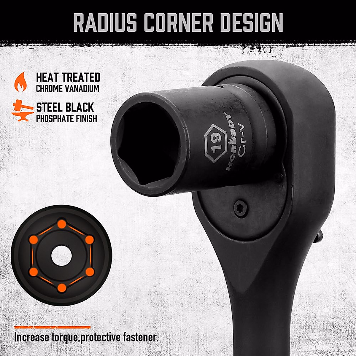 HORUSDY 1/2" Drive Impact Socket Set, 24-Piece Shallow Standard SAE (7/16"-1") and Metric (13-24mm) Size, 6 Point, Cr-V, with 1/2-Inch Drive Ratchet Handle, Drive Extension Bar