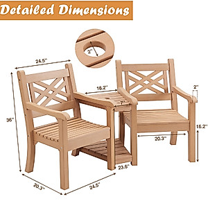 Psilvam Patio Furniture, All-Weather Poly Lumber Outdoor Loveseat, 2-Seater Outdoor Chair with Center Table & Umbrella Hole, Waterproof Accent Chairs Suitable for Lawn, Garden, Terrace (Teak Color)