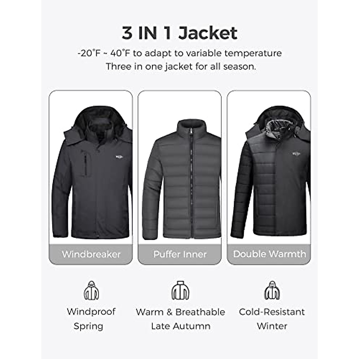 Wantdo Men's Snowboard Waterproof Rain Jacket Cold Weather Snow Gear Gray M