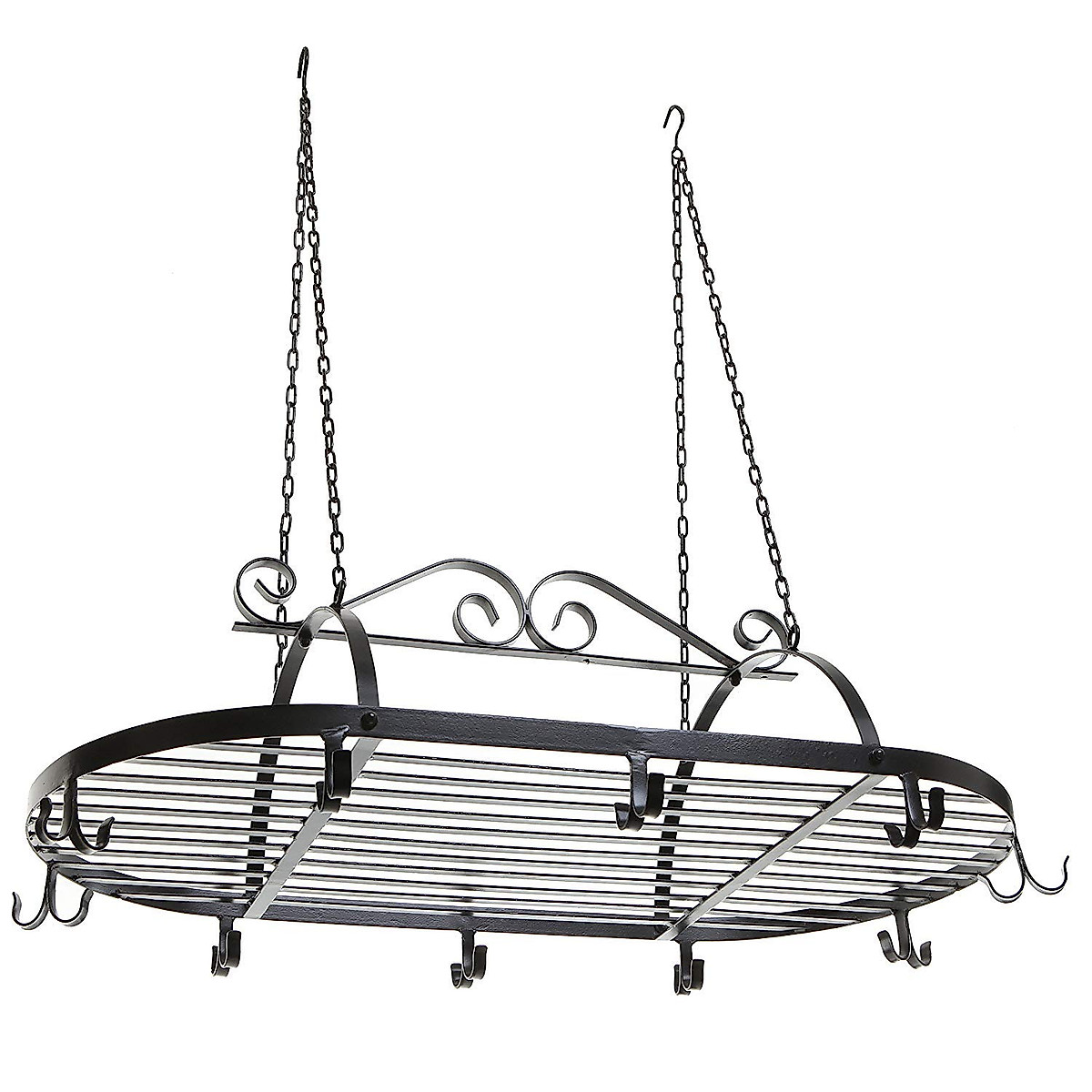 MyGift Black Scrollwork Metal Pot and Pan Ceiling Hanging Rack Heavy Duty Cooking Pans and Utensil Hanger with 10 Dual Hooks