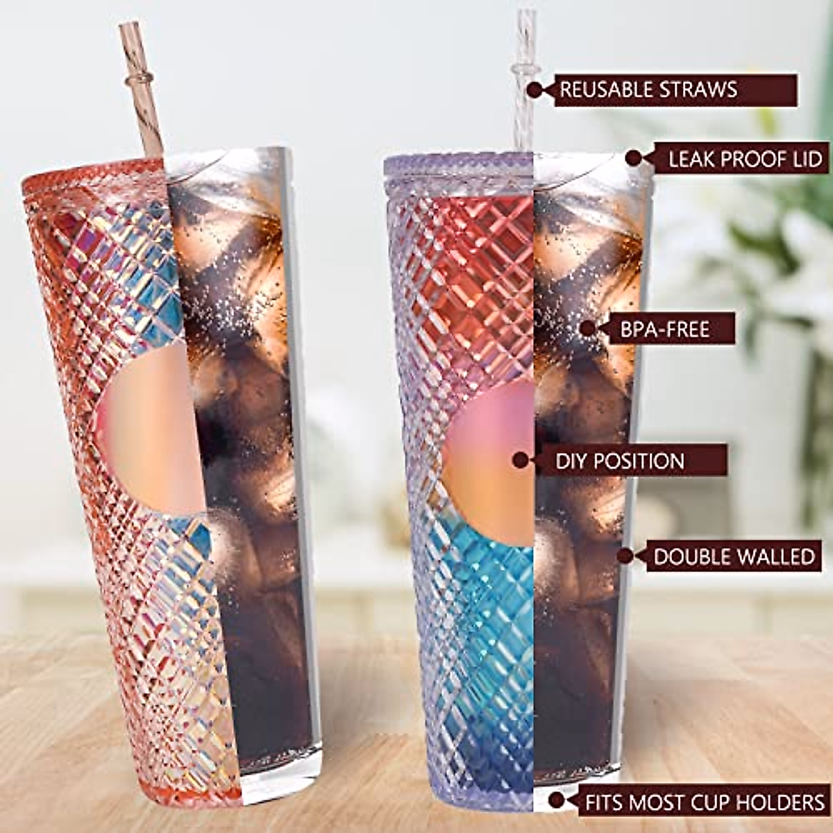 EVERGLITTER 24oz Rose Gold Jeweled Tumbler with Lid and Straw,BPA-FREE,Plastic Double Wall Insulated Water Bottles with Straw,Jeweled Cups with Lid Leakproof,Pink Tumbler Gifts for Women,Keep Colds