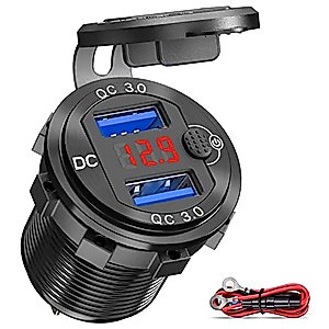 [Upgraded Version] Quick Charge 3.0 Dual 12V USB Car Charger, Aluminum Socket with Red Digital Voltmeter, Waterproof Car Outlet with Power Switch Button, for Marine Boat Motorcycle Truck Golf Cart etc