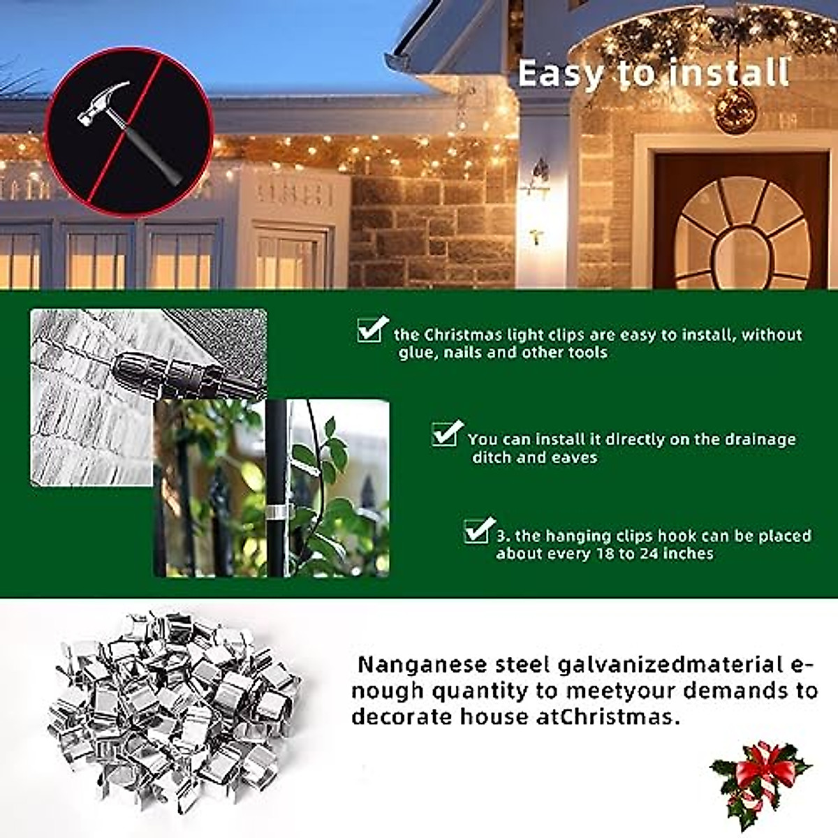 Wazitin Gutter Hooks Clips for Hanging Outdoor Lights Christmas Lights Gutter Hooks Galvanized Holiday Lights Roof Hooks for Festival Christmas Decoration Outside String Lights (150Pcs,11mmx19mm)