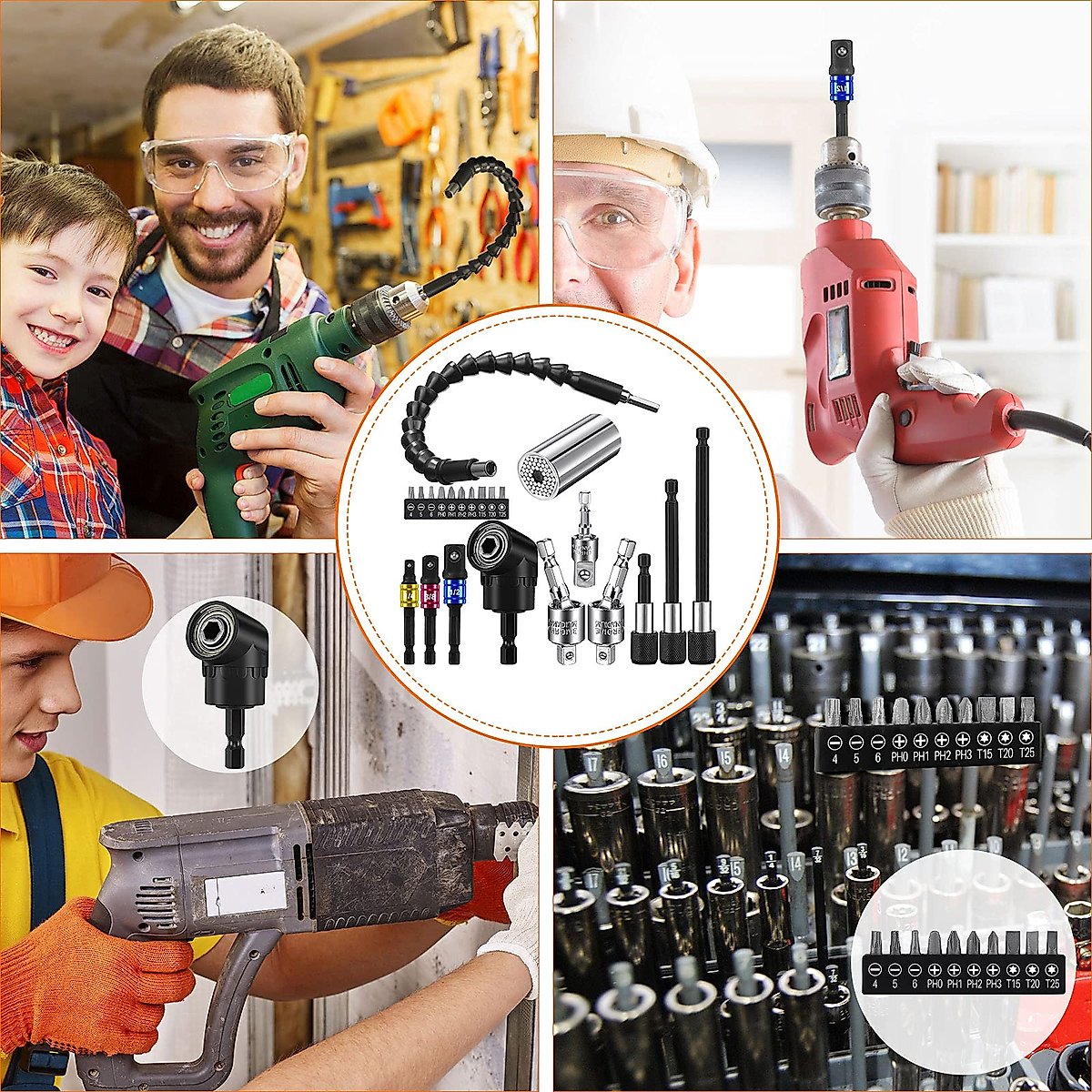 22 Flexible Drill Extension Hex Shank Drill Bit Kit Rotatable Joint Socket 1/4 3/8 1/2 Inch Hex Socket Adapter Socket Bendable Drill Bit Extension Screwdriver 105 Degree Angle Drill Bit Extension