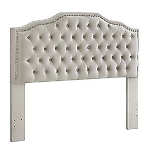 24KF Upholstered Button Tufted Queen Headboard with Nailhead Trim, Soft Velvet Fabric Headboard Queen/Full 6031-Q-TAUPE