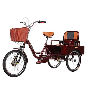 20 Inch Upgraded Tricycle for Man and Wife, 3 Wheel Bikes Beach Cruiser Bicycle with Shopping Basket and Trunk, Oversized Comfort Bike Seat, (Color : Red)