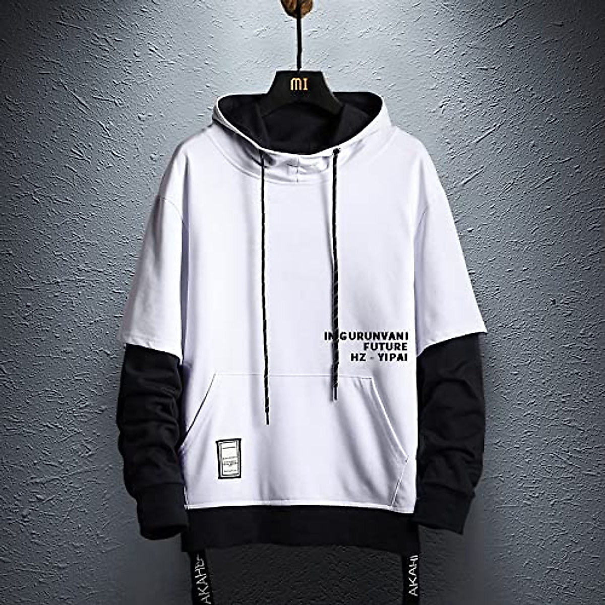 GURUNVANI Contrast Color Pullover Hoodie Mens Patchwork Hoodies Men White