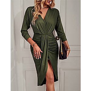 KOJOOIN Women's Long Sleeve Wrap V Neck Ruched Bodycon Dress High Empire Waist Slit Hem Sexy Cocktail Party Midi Dress Army Green XL