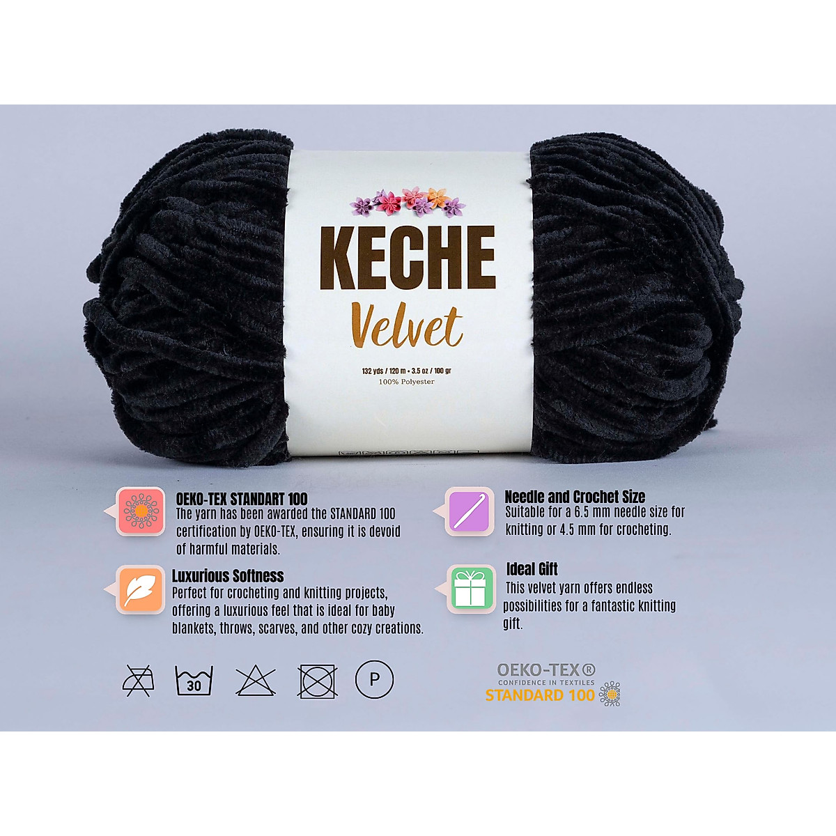 Keche Velvet Yarn for Crocheting, Soft Chenille Bulky Baby Blanket Amigurumi Yarn 100 gr (132 yds) - Black