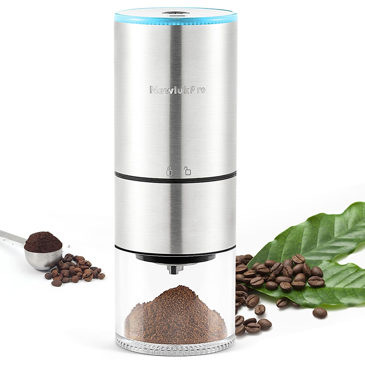 NewlukPro Coffee Grinder Electric, Portable Mini Conical Burr Mill, Stainless Steel Compact Cafe Grind with Precise Adjustable Settings,Automatic Coffee Bean Grinding for Drip Espresso PourOver
