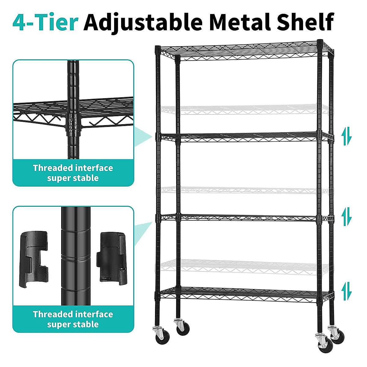 YRLLENSDAN 4-Tier Storage Shelves Organizer with Wheels NSF Wire Shelving Rack Adjustable Metal Shelves for Pantry Kitchen (36" L x 14" W x 62" H,Black)