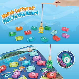 Torlam Magnetic Wooden Fishing Game Toy for Toddlers, Fine Motor Skill Toy ABC Alphabet Learning for Toddlers, Montessori Letters Cognition Preschool for Years Old Kid Early Learning with 2 Pole