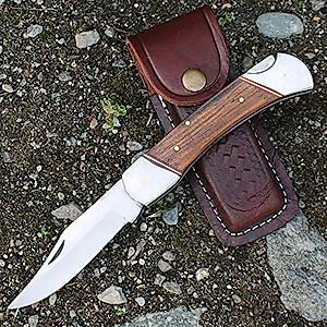 Rtek 5" Wood Handle Folding Pocket Knife with Leather Sheath | Lockback Traditional Folding Knife for Outdoor, Hunting, Camping and EDC (Wood Handle)