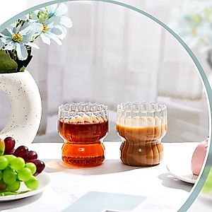 4 Pieces Ripple Drinking Glasses Set 8.8 oz Ribbed Glassware Glass Cups Vintage Fluted Glassware Ribbed Coupe Glass Origami Style Glass Cup Coffee Mug for Cocktail, 4 Glass Straws and Straw Brush
