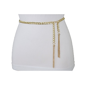 TFJ Women Fashion Belt Skinny Strong Metal Chain Link Fringes Wrap Around XS S M Gold