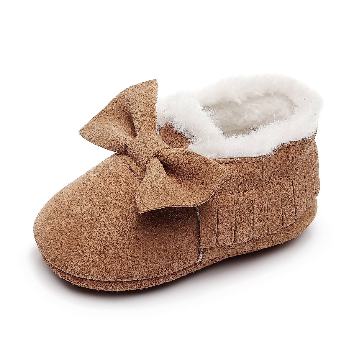 HONGTEYA Baby Moccasins with Fur Fleece Rubber Soles Warm Snow Boots Leather Baby Shoes for Boys Girls (6-12m/4.92", Bow-Brown)