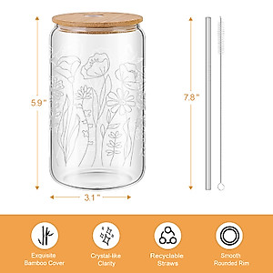 Lvoetgif Cute Glass Cups with Lids and Straws, Aesthetic Christmas Iced Coffee Cup, Flower Mugs, Floral Tumbler with Straw, Birthday Gifts for Women Friend Sister Her Coffee Lover Bridesmaid Stuff