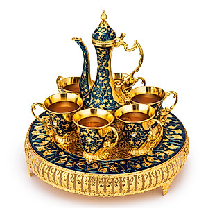 Vintage Extra Large Turkish Coffee & Tea Pot Set for 6 by Gute with Large Crystal Tray & Teapot Gold with Swarovski Style Crystals (Blue) 480ml - 6 Vintage Moroccan Tea Glasses 230ml Teacups Gold