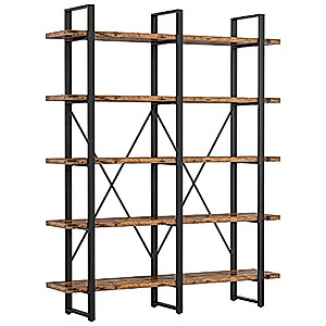 IRONCK Industrial Bookshelf and Bookcase Double Wide 5 Tier,Book Cases Wood and Metal Bookshelves for Home Office, Easy Assembly, Vintage Brown