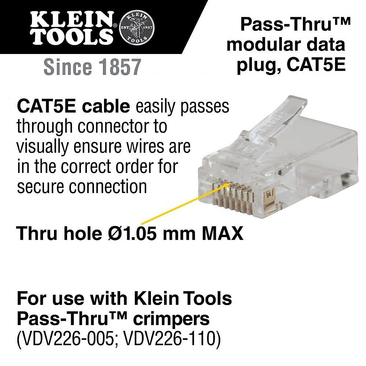 Klein Tools VDV826-762 Pass-Thru Modular Data Plug, RJ45 CAT5e, Gold Plated, Pass Through Connectors 200-Pack