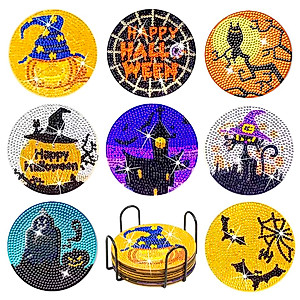 8 Pcs Halloween Diamond Painting Coasters for Drinks, DIY Diamond Painting Kits with Holder Cork Pad, Diamond Art Coasters for Beginners Kids Adults Halloween Spooky Party Art Craft Supplies
