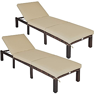 Tangkula Rattan Wicker Chaise Lounge Chair, Outdoor Patio Lounger Recliner Chair w/Adjustable Backrest, Heavy-Duty Reclining Chair Sunbed with Thick Zippered Cushion for Garden Yard Patio (2, Brown)