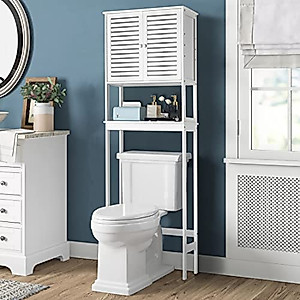 ADUZA Bamboo Over The Toilet Bathroom Storage Cabinet with 2 Doors, Freestanding Toilet Rack with Adjustable Shelves Space-Saving 67 Inches Height White