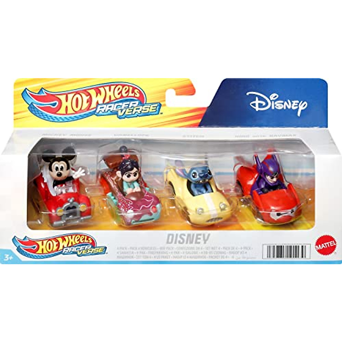 Hot Wheels RacerVerse, Set of 4 Die-Cast Disney Toy Cars Optimized for Hot Wheels Track with Popular Disney Characters as Drivers