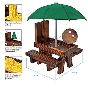 VASGOR Squirrel Feeder Table with Umbrella, Wooden Squirrel Picnic Table, Durable, Corn Cob, Solid Structure and 2 x Thick Benches, Stable, 8.3 x 7 x 8 Inches (1)