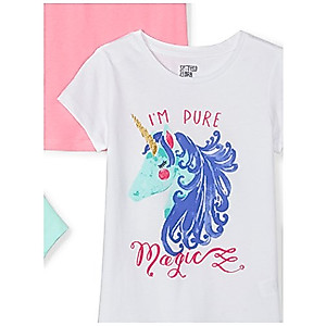 Amazon Essentials Girls' Short-Sleeve T-Shirt Tops - Discontinued Colors, Pack of 5, Aqua Green/Blue/Pink/Turquoise Blue Text Print/White Unicorn, Medium
