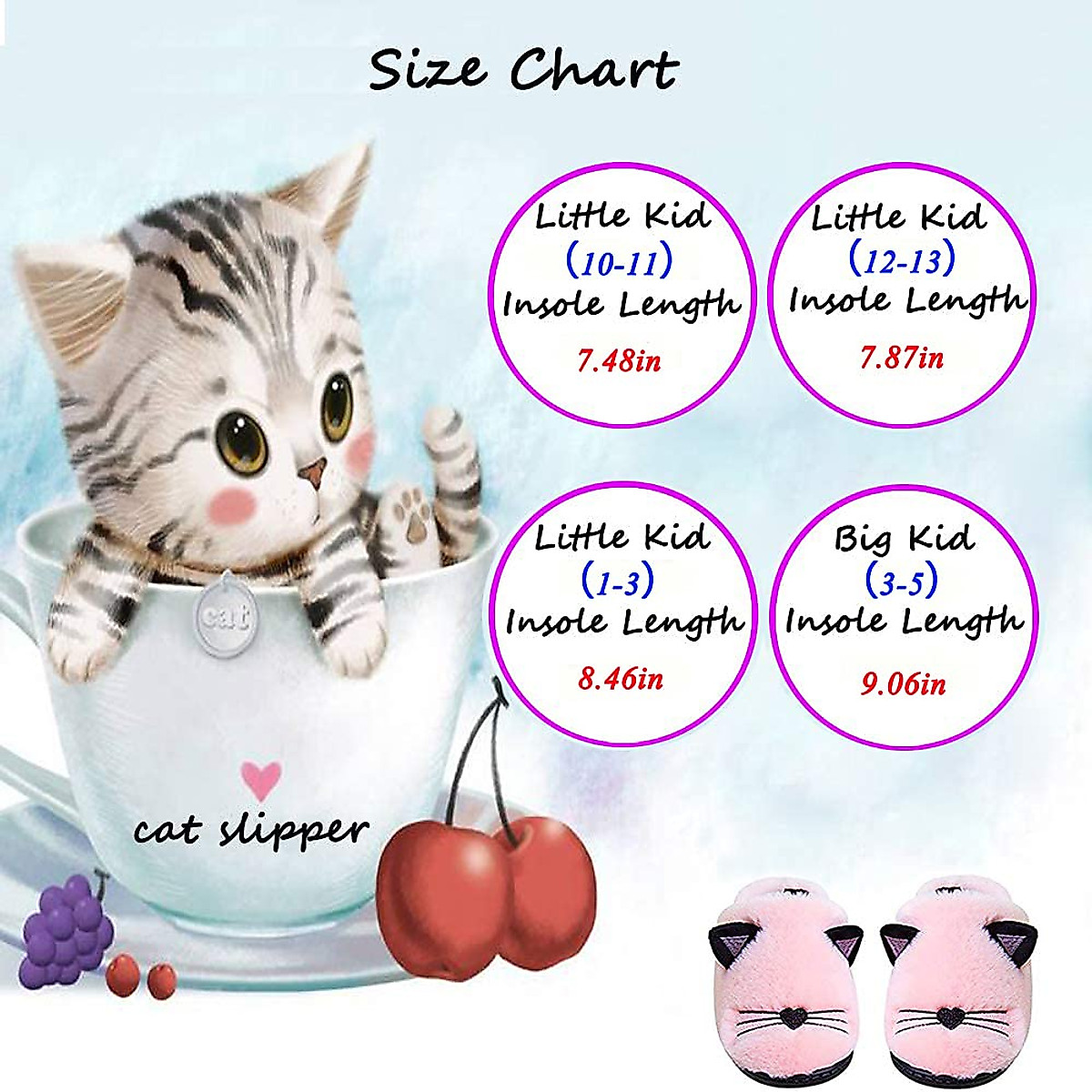 Boys Girls Warm Slippers Kids Family Cute Cat Household Anti-Slip Indoor Home Slippers (12-13 Little Kid, Pink cat)