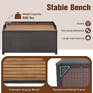 HAPPYGRILL Patio Storage Bench Rattan Wicker Deck Box with Acacia Wood Seat, Gas Strut, Zipper Liner, Handles, Outdoor Storage Container for Patio Furniture Cushions Pillows