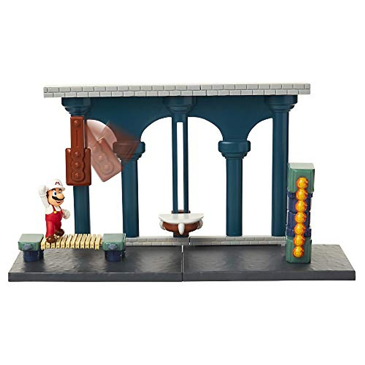 Nintendo Super Mario Lava Castle Deluxe Play Set, Includes: 2.5” Fire Mario Figure & Mechanical Features, Spinning Fireballs Tower, Swinging Pendulum, Bone Lift & Bridge